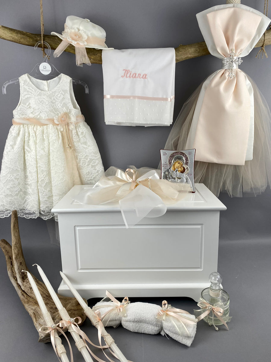 Baptism Package Lace Dress, Triantos Gold Cross, Treasure Chest GBP4 – Rosie's Collections